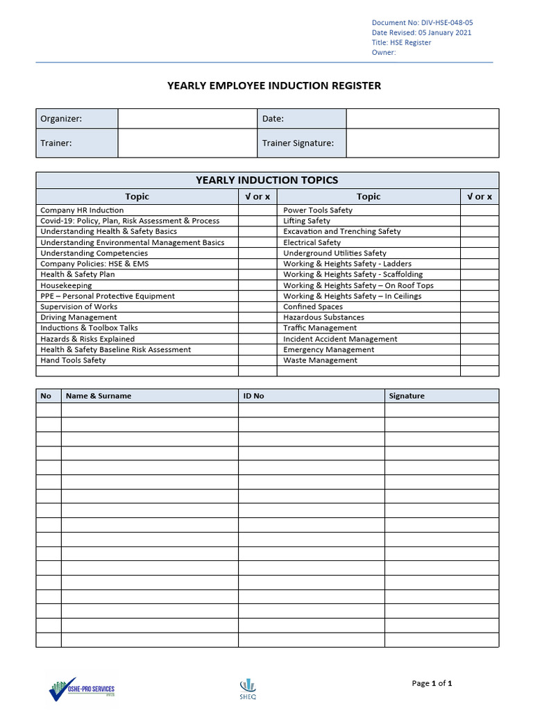 Register - Yearly Company Induction Register - 2021 | PDF