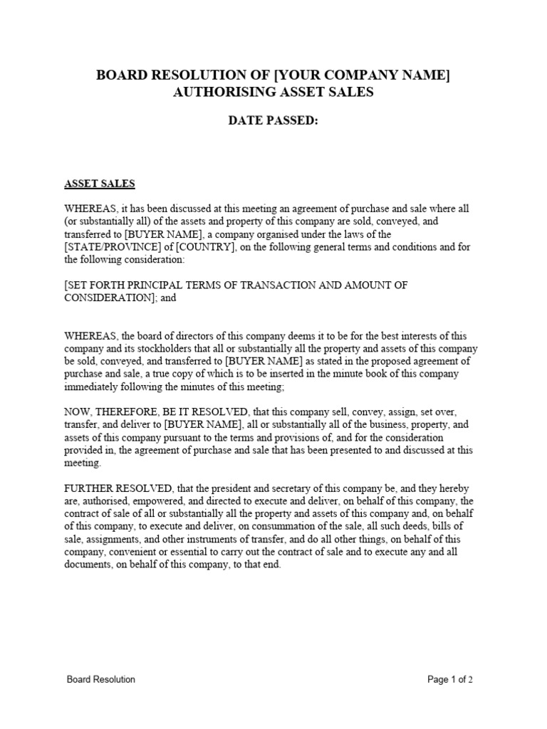 Board Resolution Approving Sale of Assets | PDF