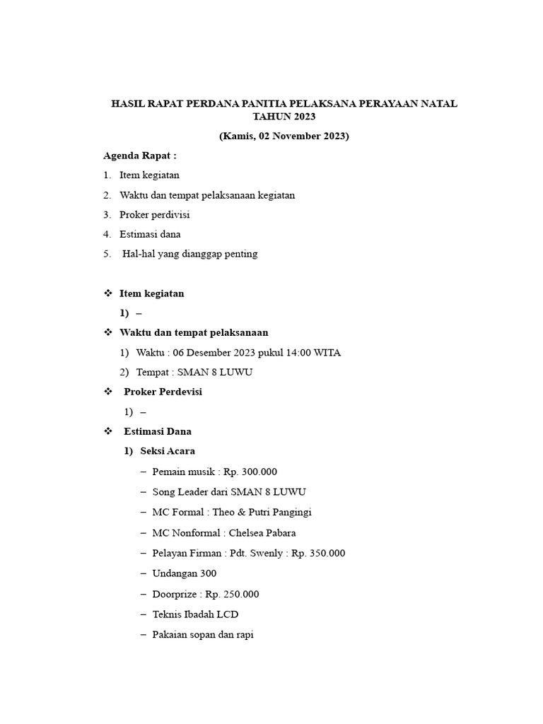 Hasil Rapat Perdana Panitia Pelaksana Perayaan Natal Tahun 2023 | PDF