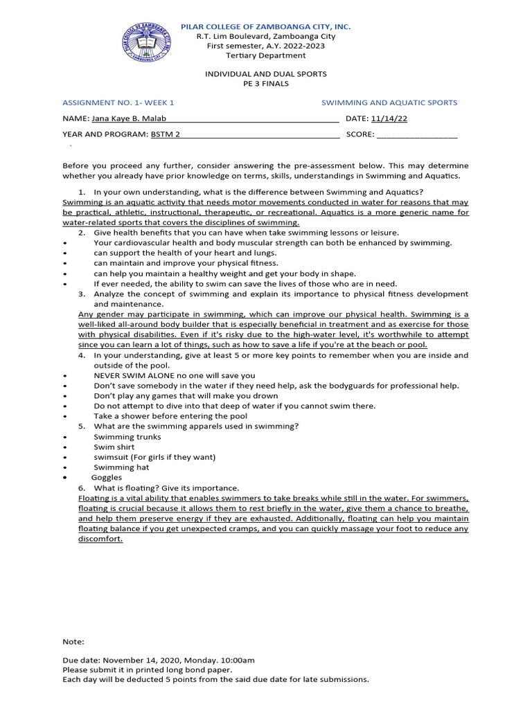 Jana Kaye Malab - ASSIGNMENT #1 FINALS PE | PDF | Swimming | Physical Fitness