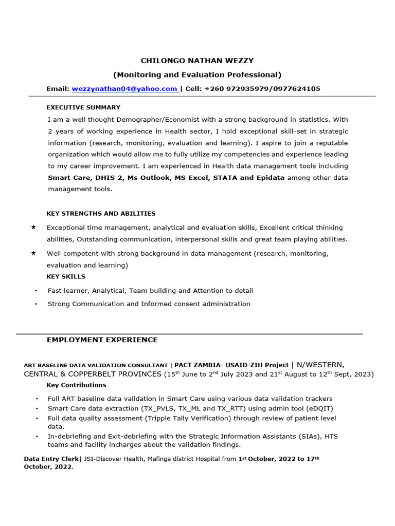 Wezzy Nathan Chilongo Resume | PDF | Census | Data Quality