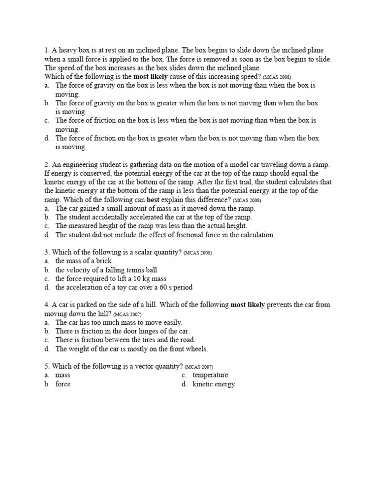 MCAS Forces and Equilibrium Practice | PDF | Force | Friction