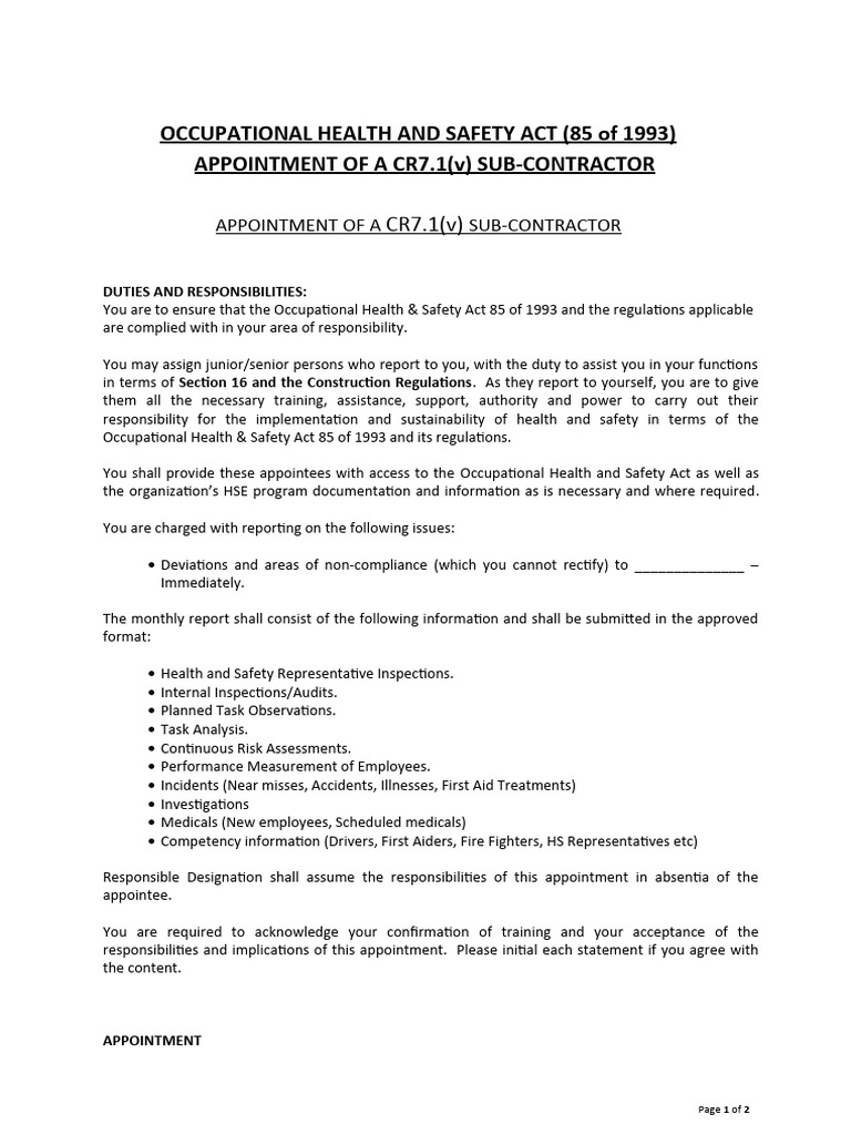 Appointment - CR7.1 (V) Sub-Contractor - 2021 | PDF | Occupational Safety And Health | First Aid