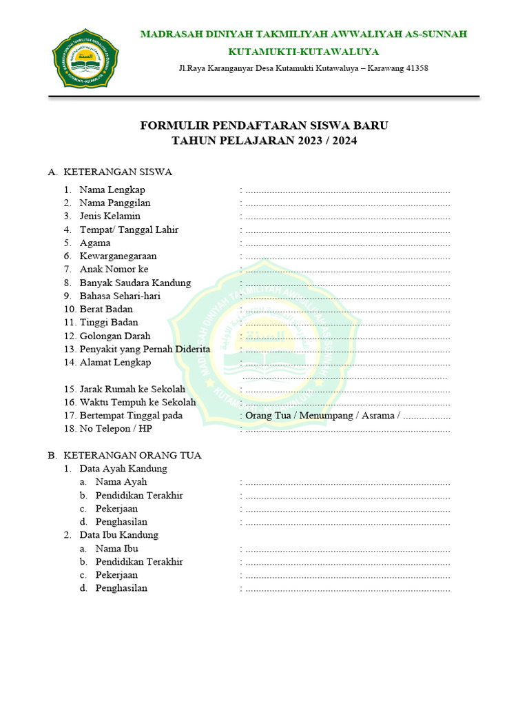 Formulir Pendaftaran Madrasah Diniyah Takmiliyah Awwaliyah As-Sunnah | PDF