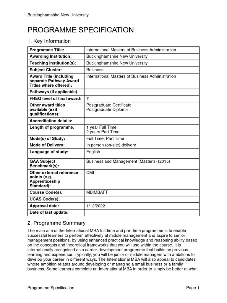 IMBA Programme Specification | Download Free PDF | Learning | Educational Assessment