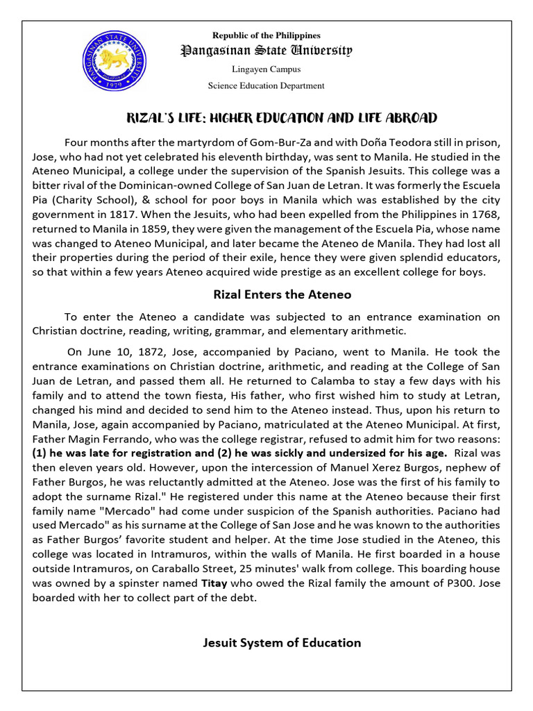 Rizal's Ateneo Experience and Education | PDF | Manila