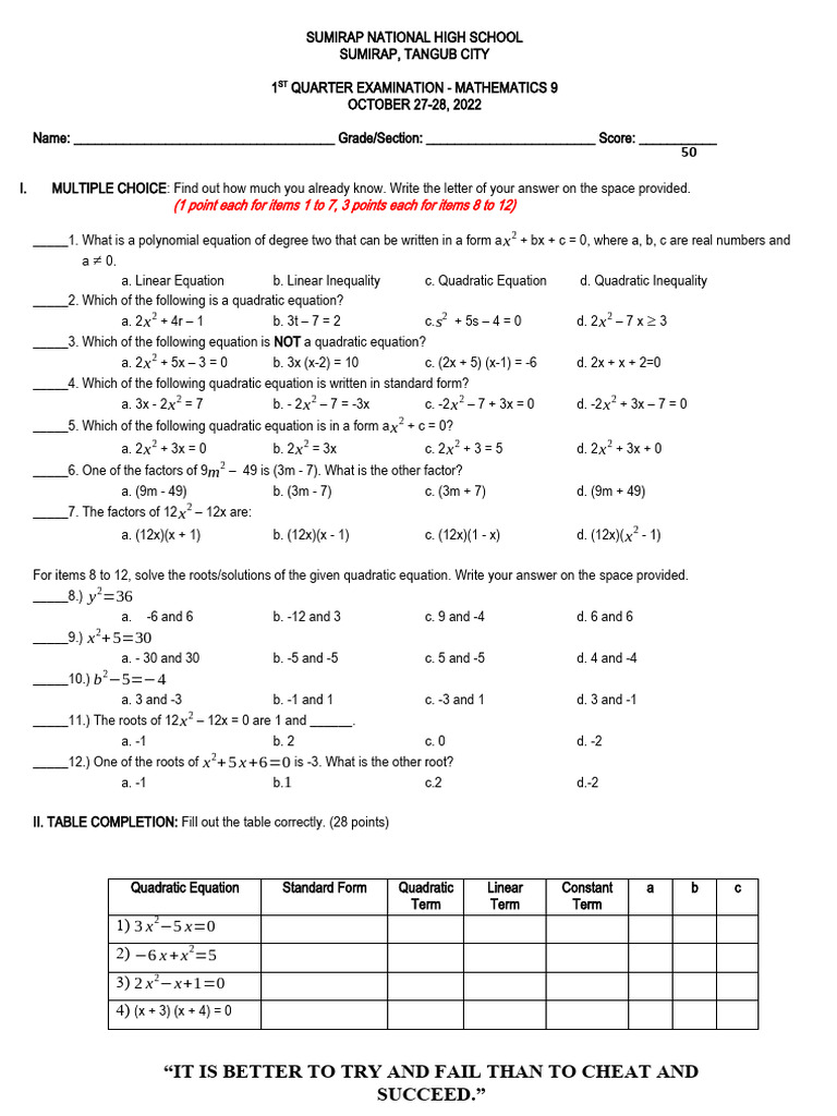 Math 9 | PDF | Equations | Quadratic Equation