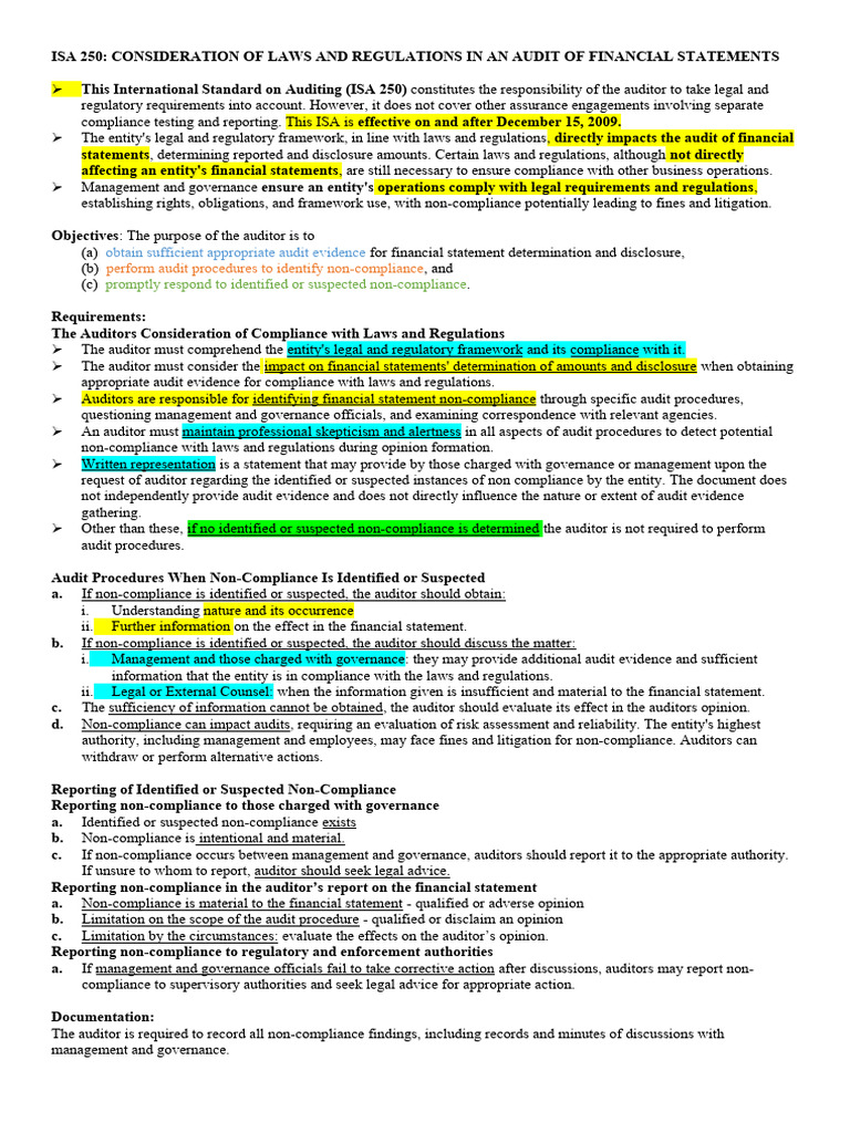 Audit Theory Isa 250 Quicknotes | PDF | Audit | Regulatory Compliance