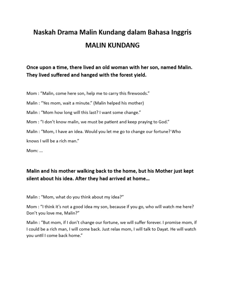 Naskah Drama Malin Kundang Dalam Bahasa Inggris | PDF | Poetry