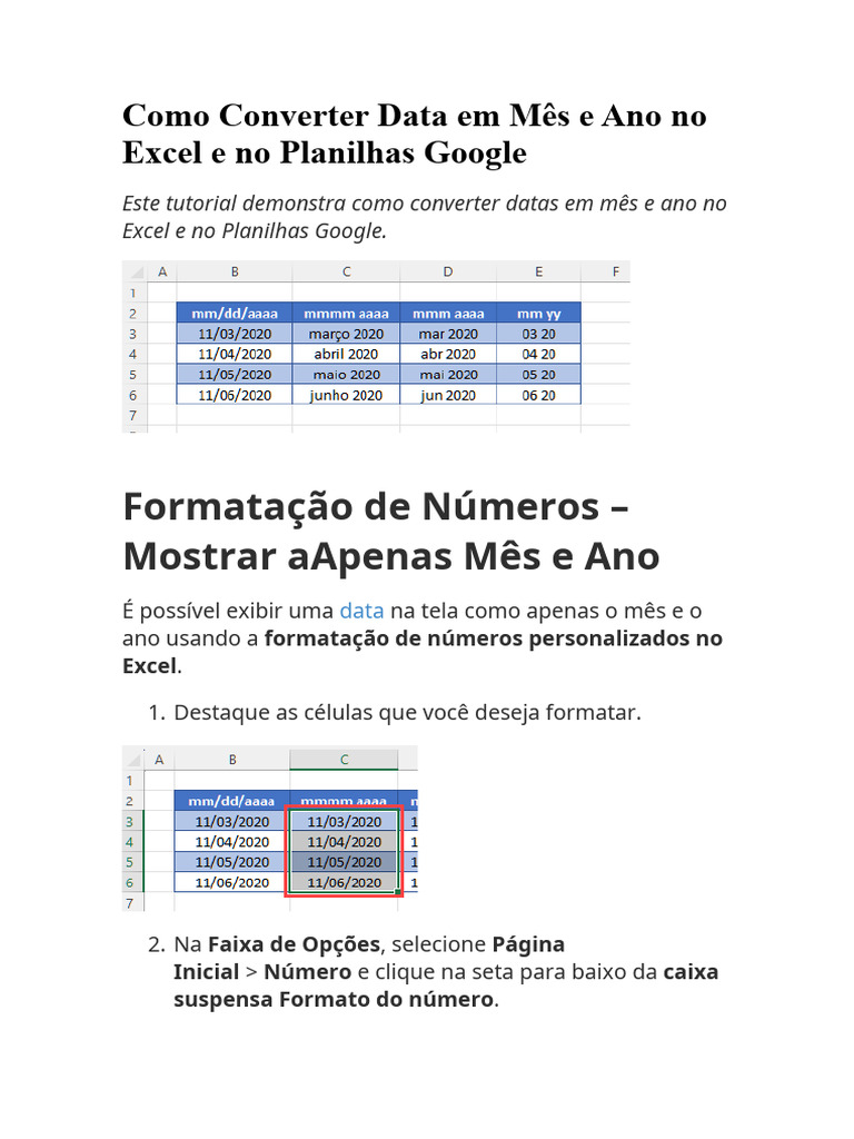 Como Converter Data em Mês e Ano No Excel e No Planilhas Google | PDF | Microsoft Excel ...