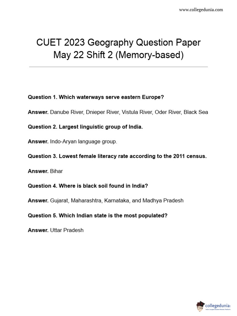 CUET 2023 Geography Question Paper | PDF | Language Arts & Discipline