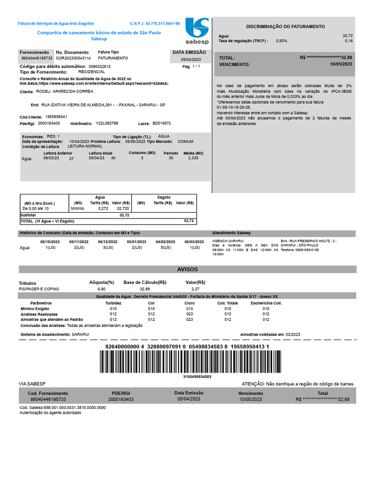 Fatura Sabesp: Água e Esgoto Abril 2023 | PDF | Economias | Business