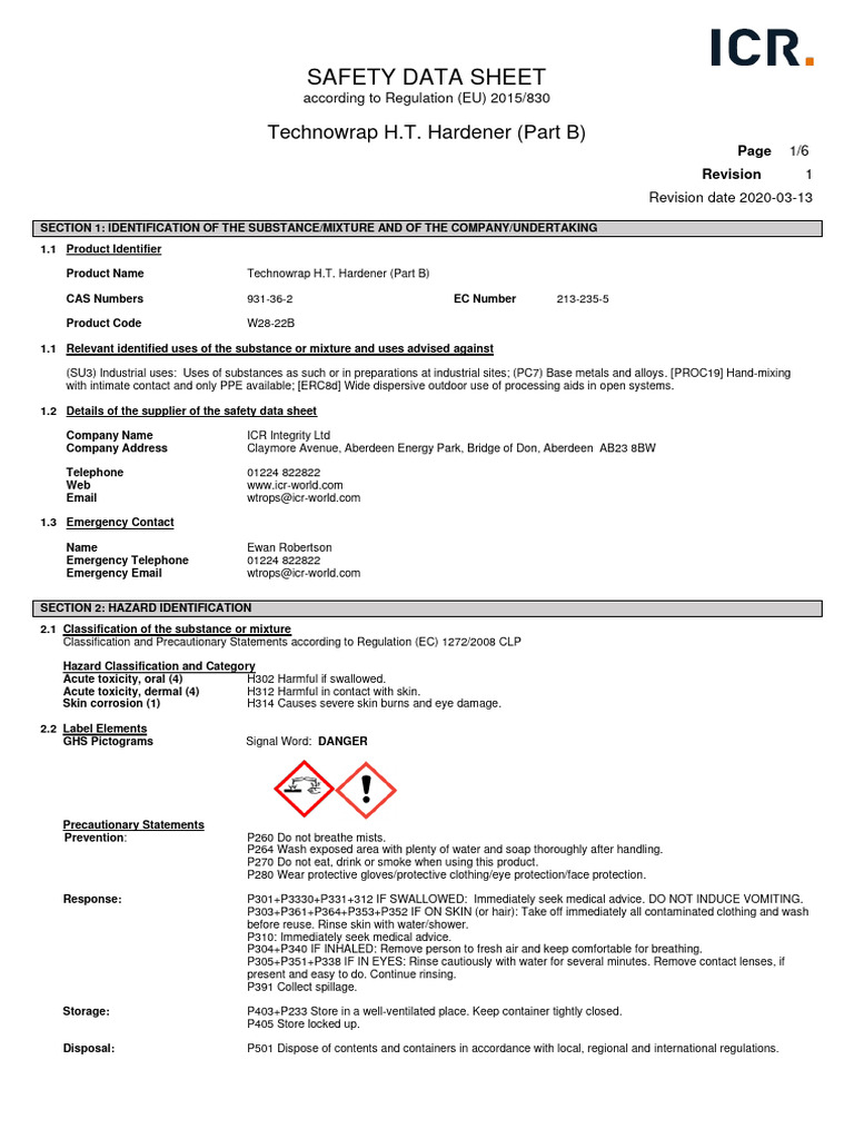 Technowrap HT Hardener Part B 130320 | PDF | Toxicity | Dangerous Goods