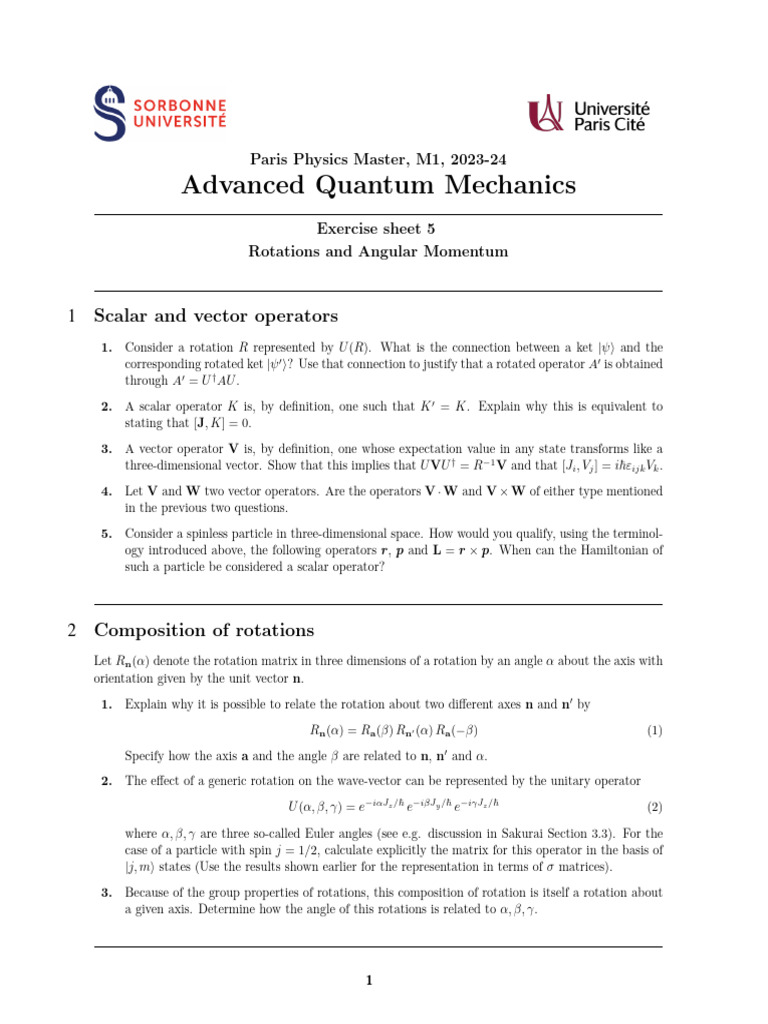 Advanced Quantum Mechanics: Scalar and Vector Operators | PDF | Spin (Physics) | Rotation