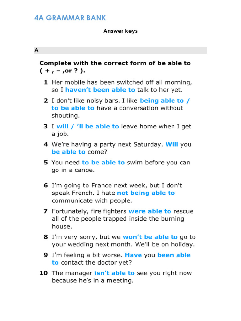 4A Grammar Bank Answer Key | PDF