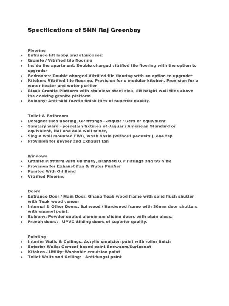 Specifications of SNN Raj Greenbay | PDF | Door | Sink