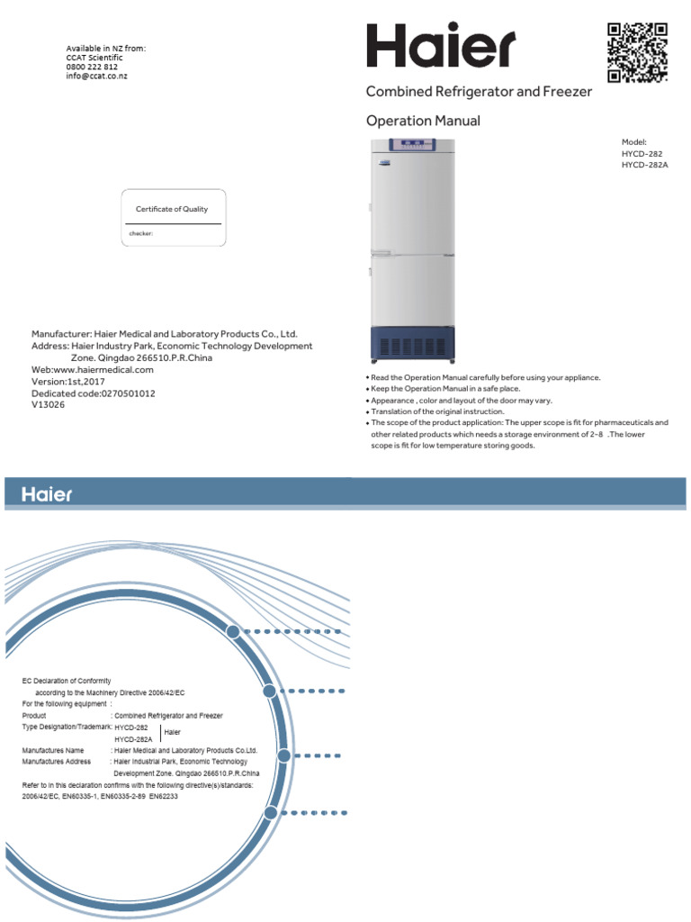 User Manual HYCD-282-282A | PDF | Refrigerator | Ac Power Plugs And Sockets
