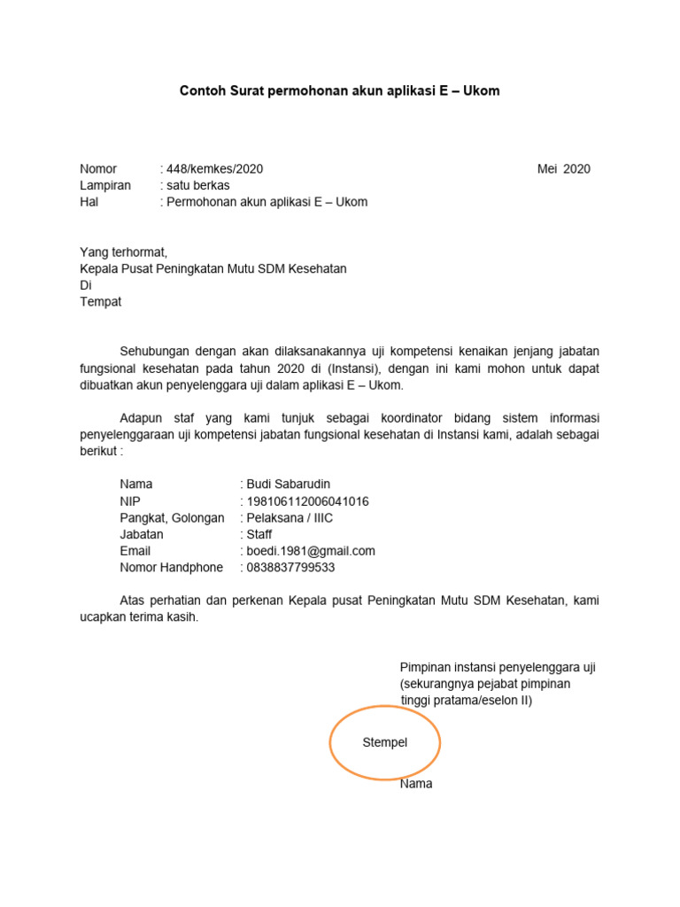 Contoh Surat Permohonan Akun E-Ukom | PDF