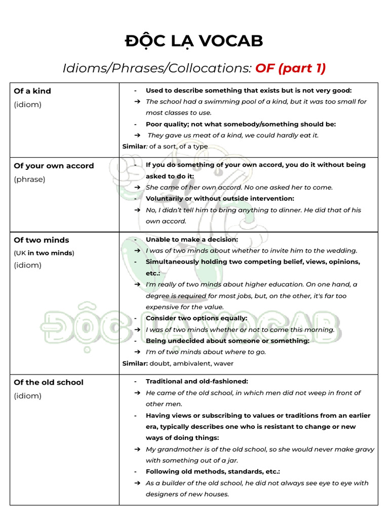 (ĐLV) 50 Idioms - Phrases - Collocations That Contain - OF - (Part 1) | PDF | Mind | Marriage
