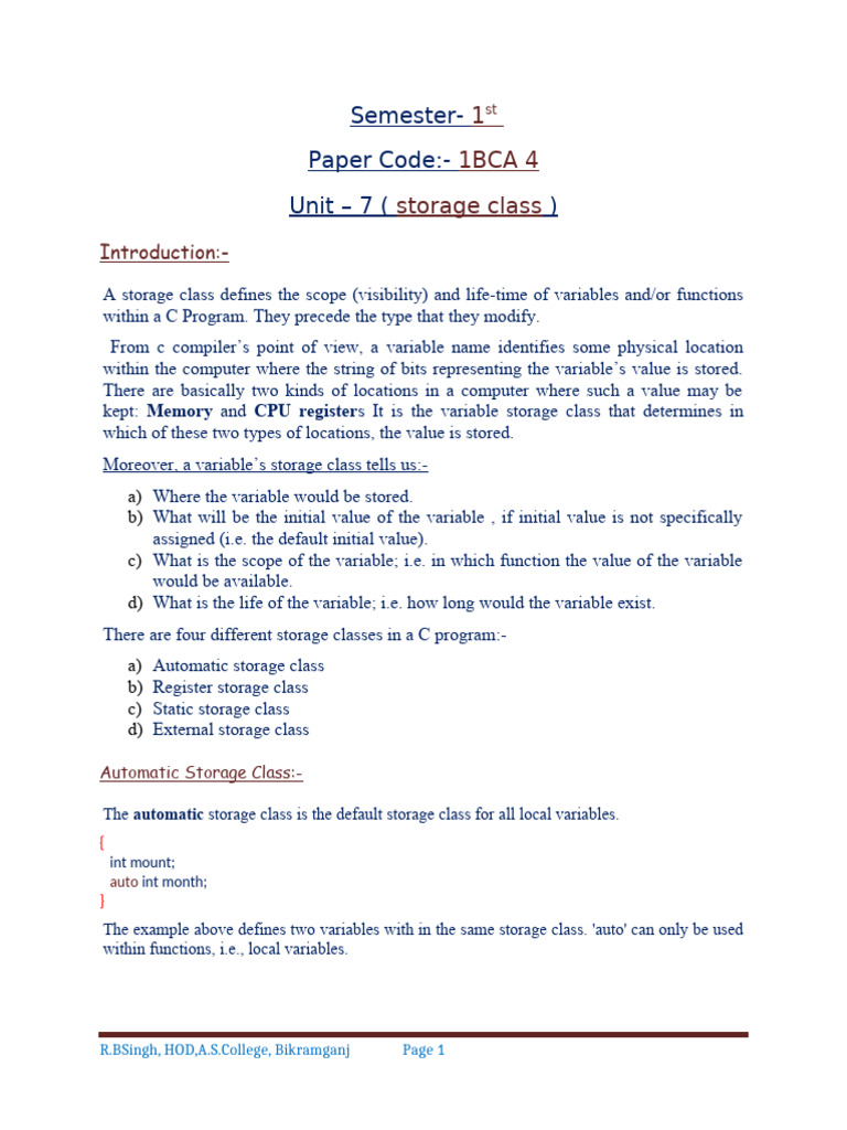 1BCA 4 Unit-7 Storage Class - 09 | PDF | Variable (Computer Science) | Class (Computer Programming)