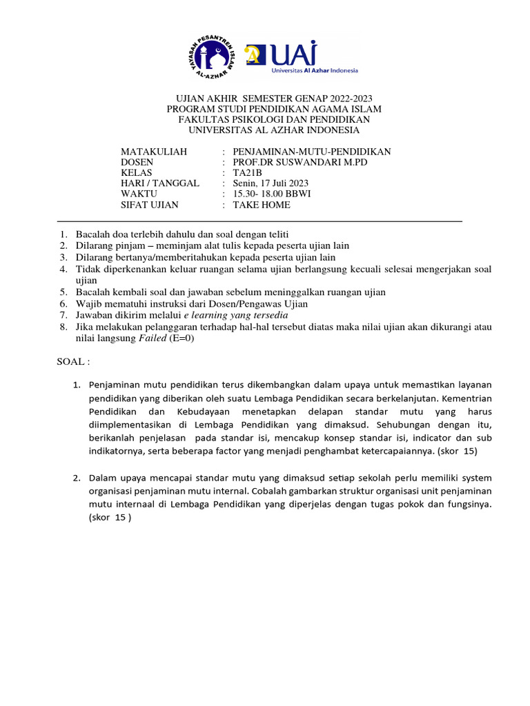 Soal - UAS - I TA21B - Penjaminan-Mutu-Pendidikan | PDF