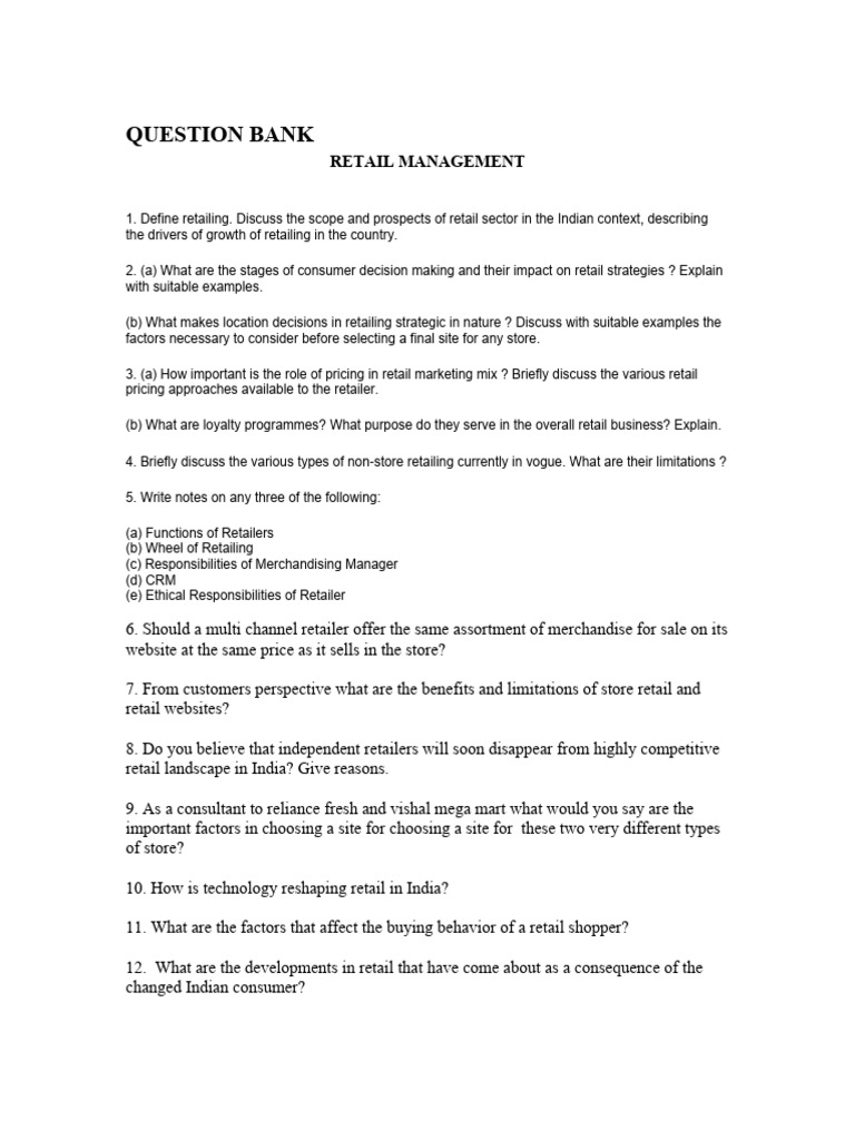 QUESTION BANK-Retail Management | PDF | Retail | Marketing