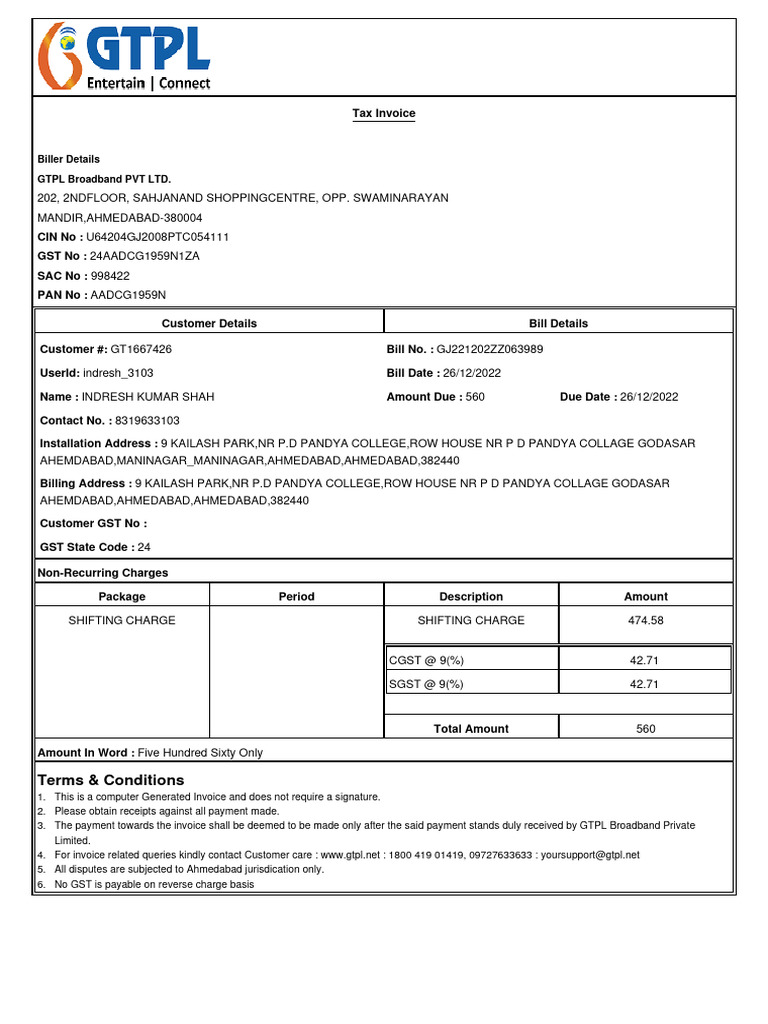 GTPL Tax Invoice 560 | PDF