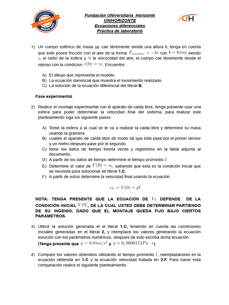Practica de Labotarorio EDO Caida Libre | PDF | Ecuaciones | Mecánica