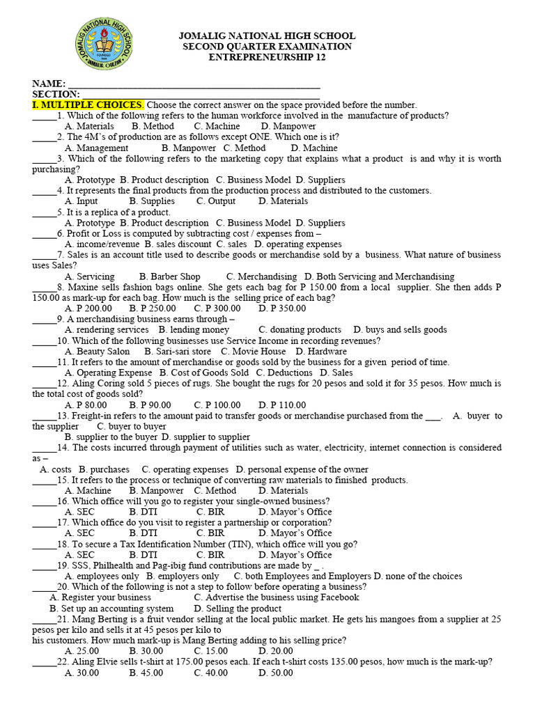 Entrep Second Exam | PDF | Cost Of Goods Sold | Sales Entrep Second Exam | PDF | Cost Of Goods Sold | Sales