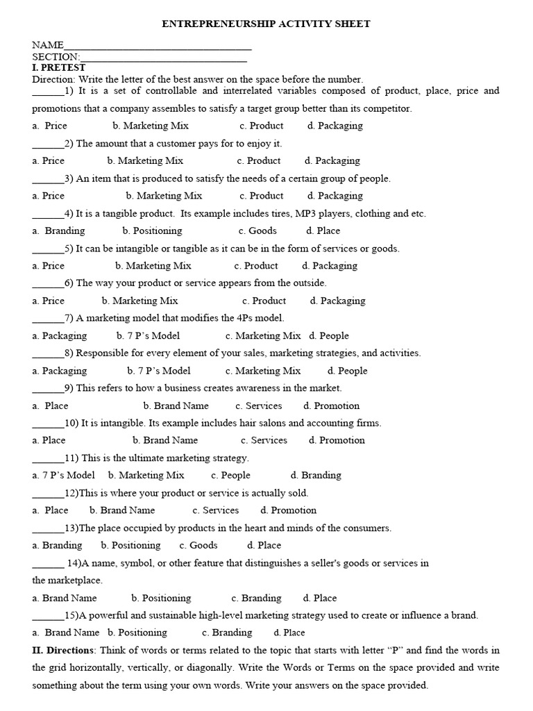 Entrepreneurship Activity Sheet | PDF | Marketing | Brand