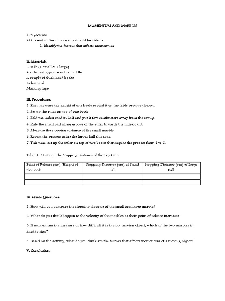 Marble Momentum Experiment Analysis | PDF