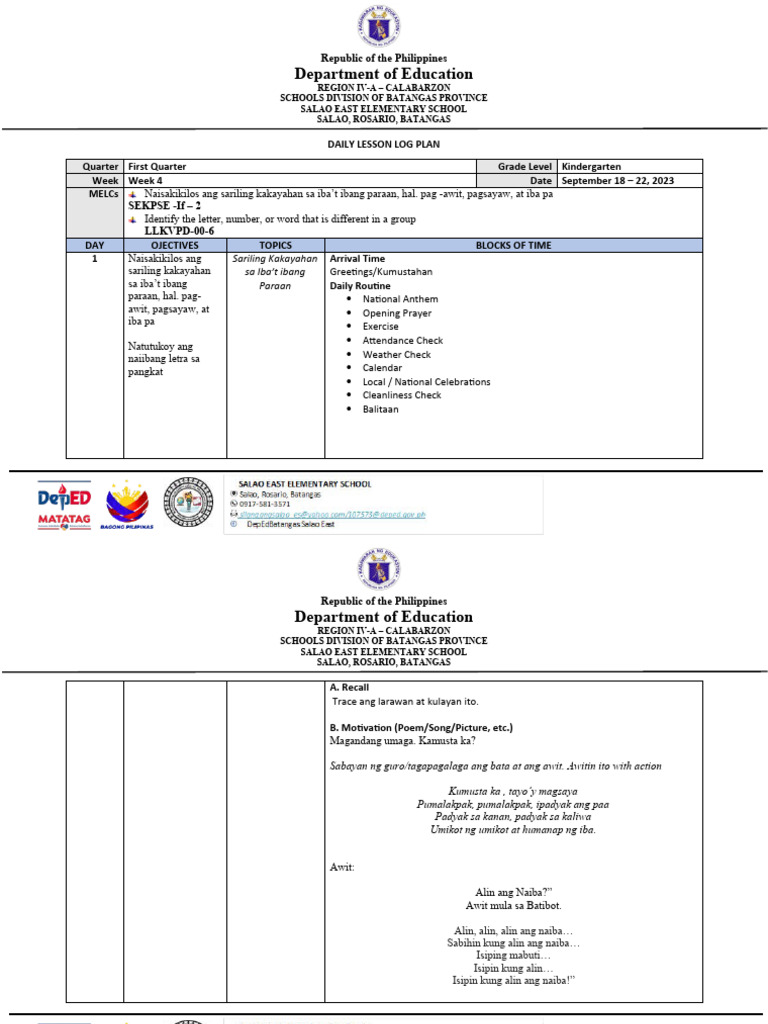 Kindergarten-DAILY-LESSON-LOG-PLANWEEK 4 | PDF