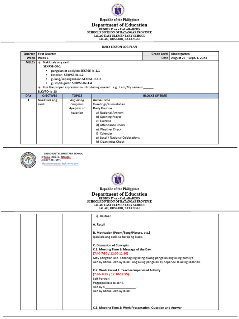 Kindergarten-DAILY-LESSON-LOG-PLANWEEK 1 | PDF | Philippines