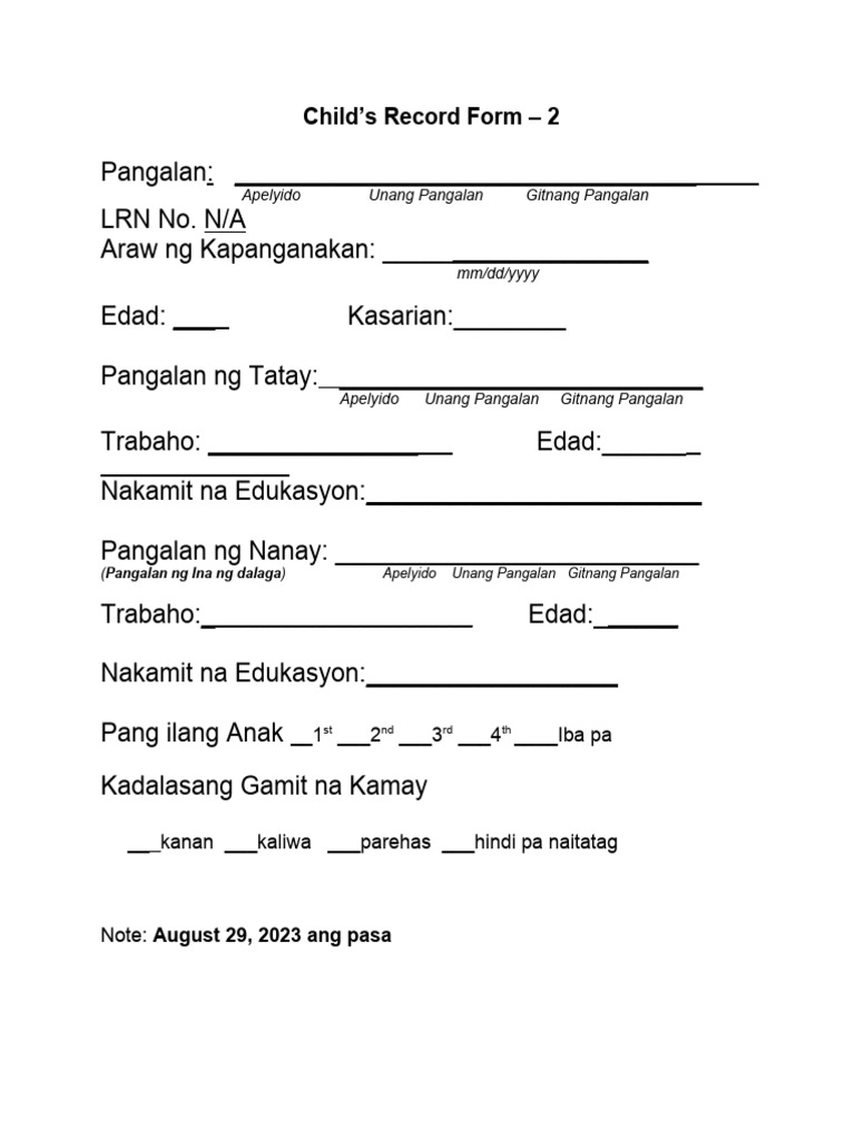 Child Record Form 2 | PDF