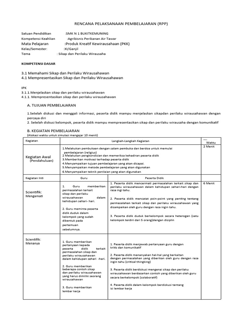 RPP Produk Kreatif Kewirausahaan SMK Kelas Xi | PDF