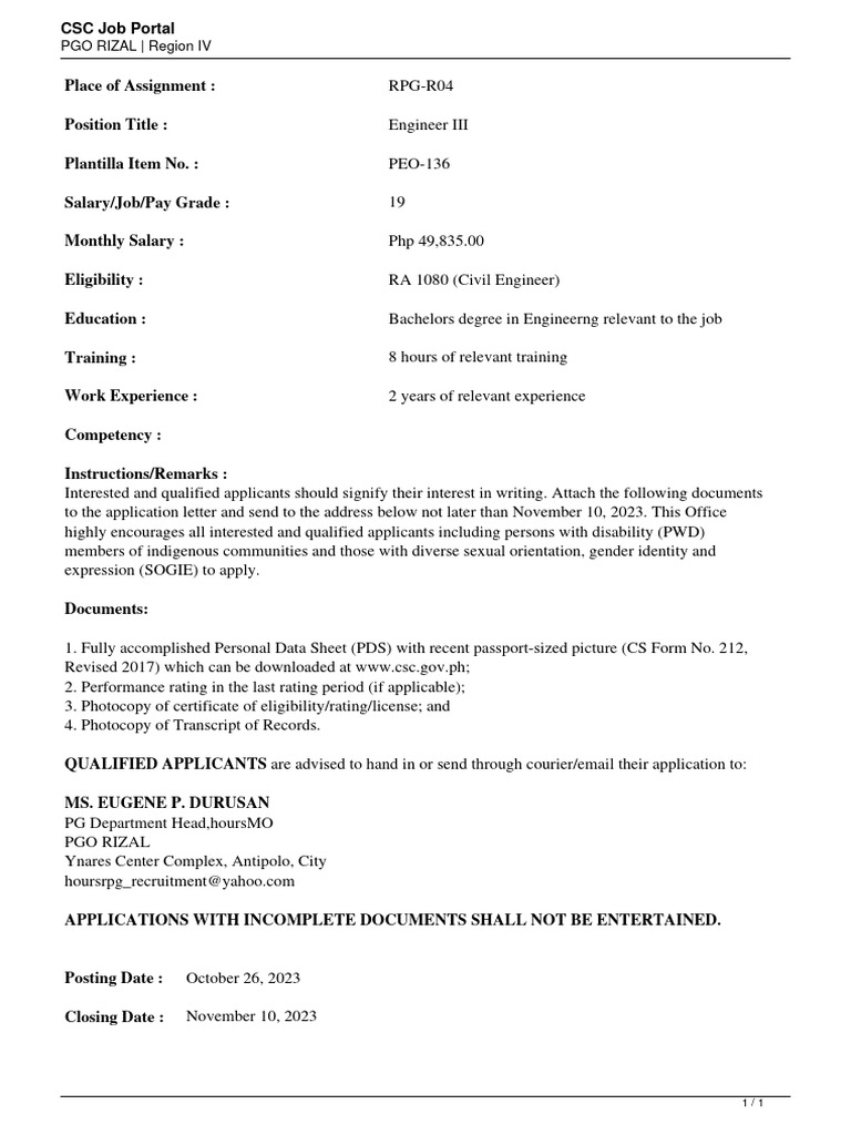 PGO RIZAL-Engineer III | Download Free PDF | Gender | Gender Studies