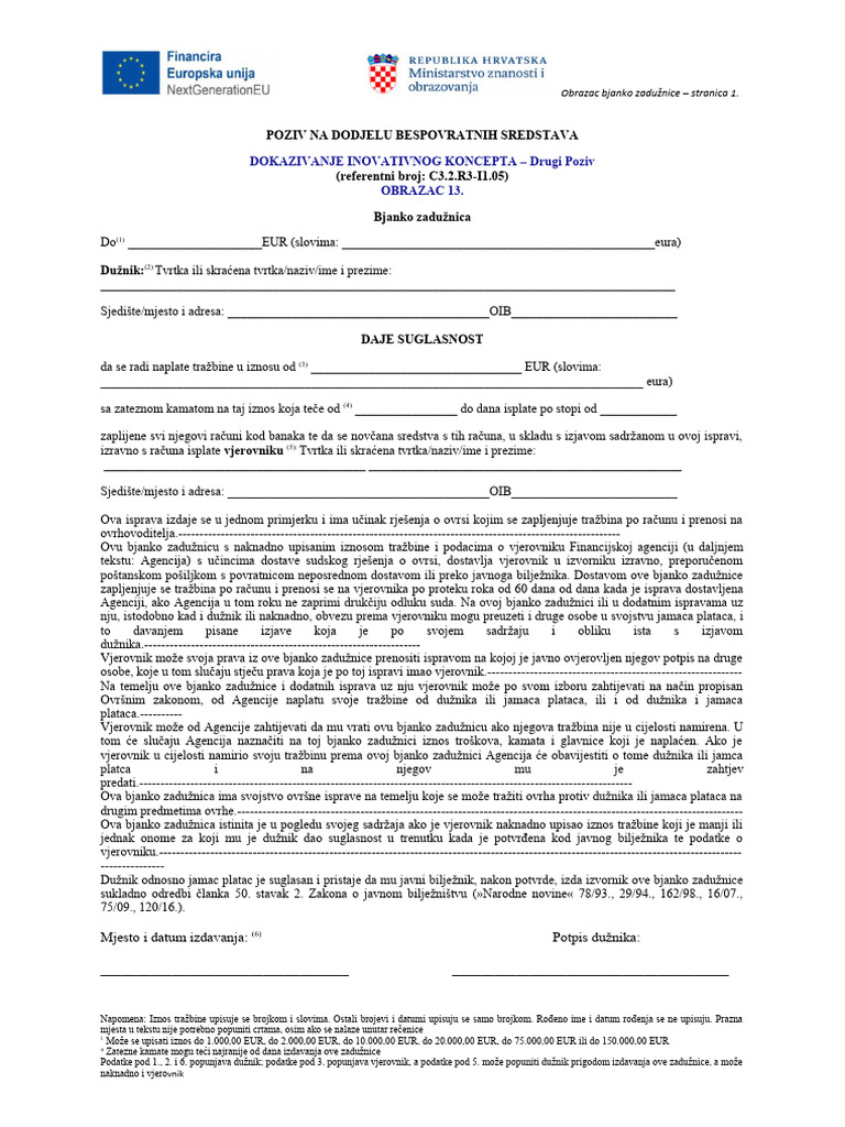 Obrazac 13. Bjanko Zadužnica | PDF