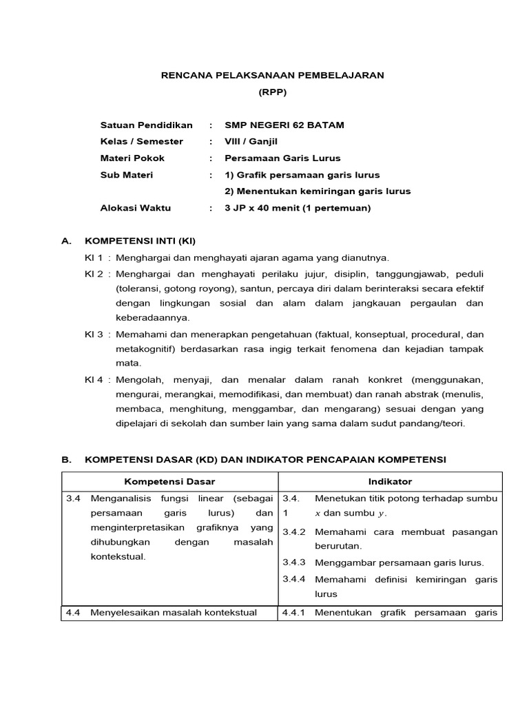 RPP Persamaan Garis Lurus CGP | PDF