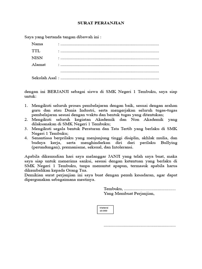 SURAT PERJANJIAN SISWA BARU | PDF