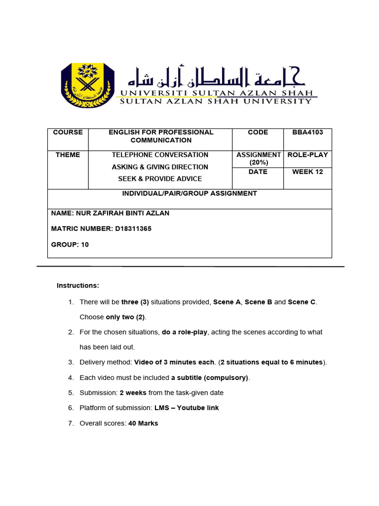Bba4103 Epc - Role-Play Assignment (20%) Cover Page | PDF