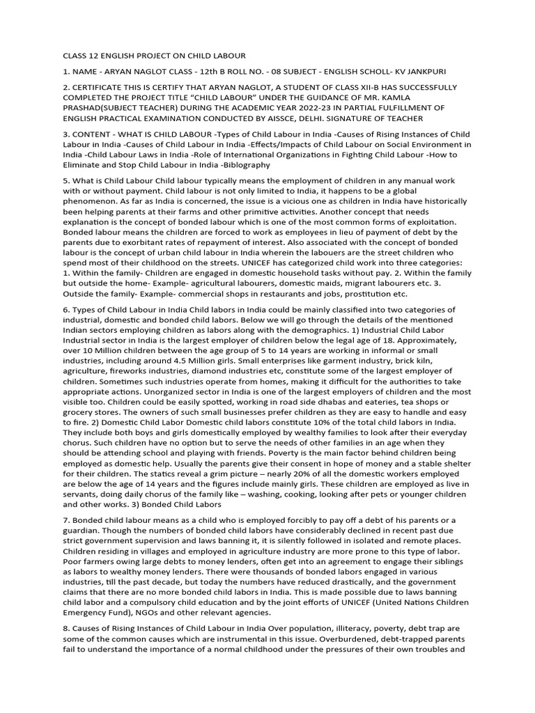 Class 12 English Project On Child Labour | PDF | Child Labour | Labour ...