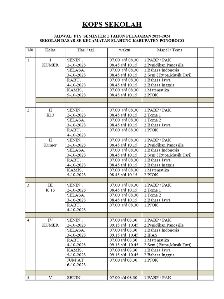 Jadwal Pts 1 Tahun 2023 - 2024 | PDF