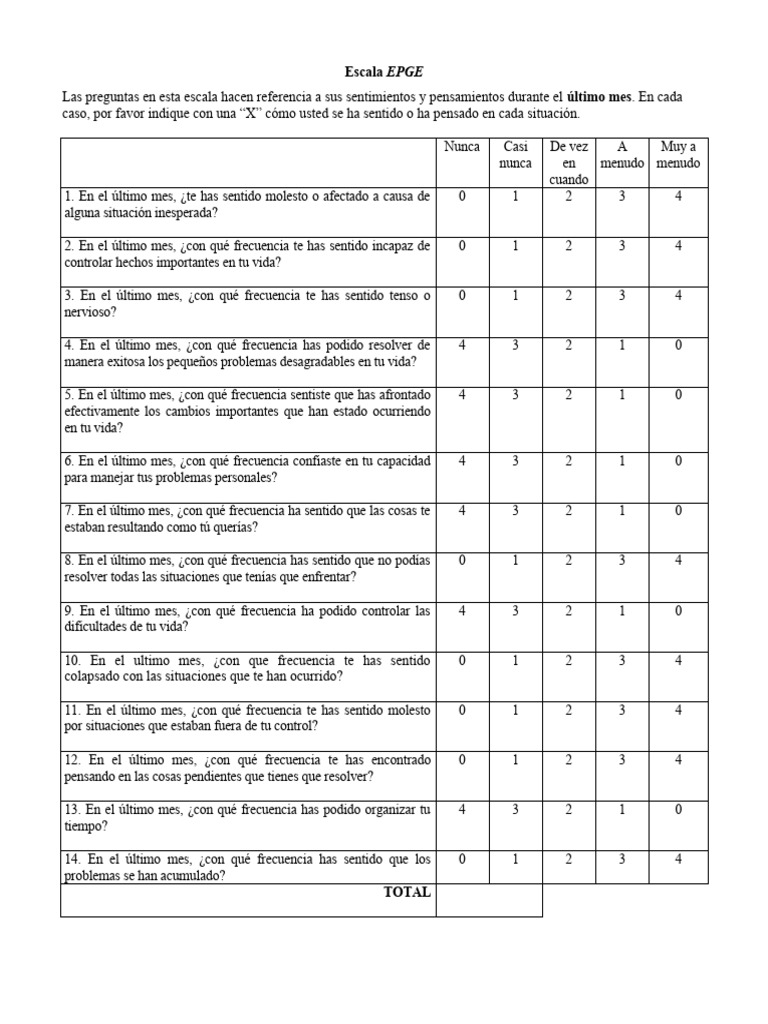 Escala Estrés Percibido PSS - 14 | PDF | Estrés (biología) | Sicología