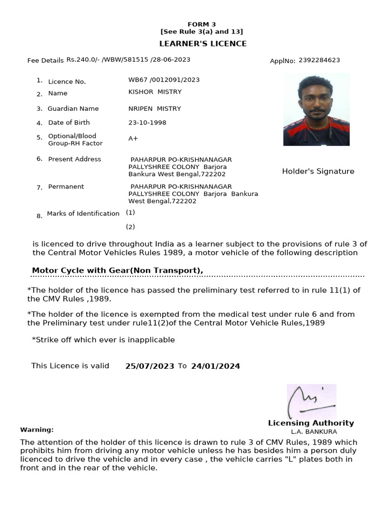 Learner's Licence Form India | PDF