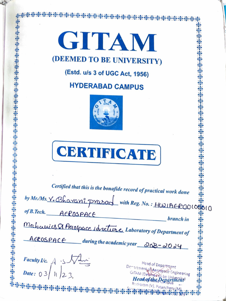 Gitam Certificate for B.Tech Practical Work | PDF