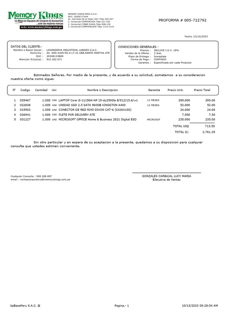 PROFORMA # 005-722792: RUC: 20506717044 Memory Kings Peru S.A.C | PDF | Microsoft