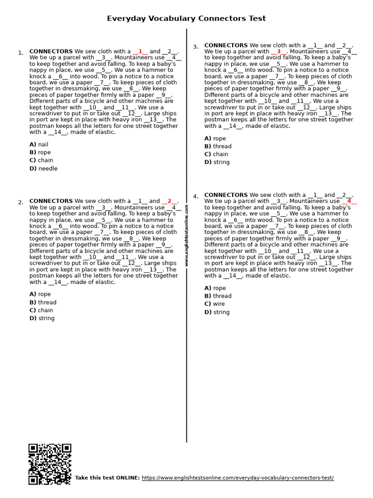 260 - Everyday Vocabulary Connectors Test | PDF | Screw | Diaper