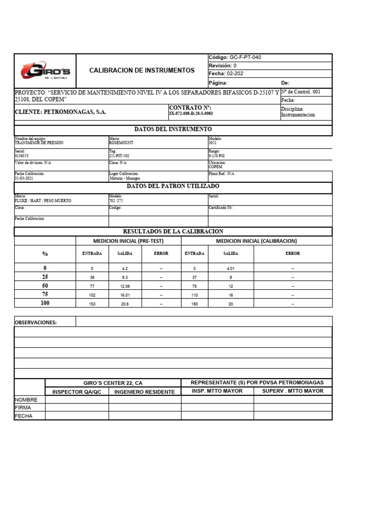 GC F PT 040 Calibracion de Instrumentos | PDF | Calibración | Probabilidad