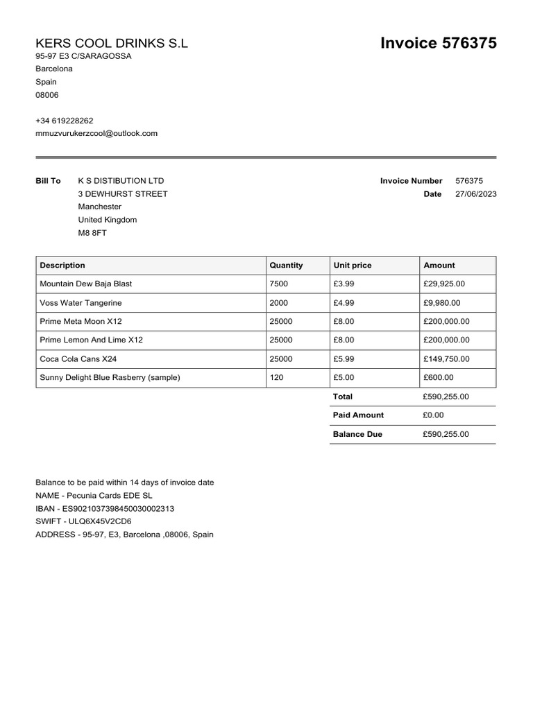 Invoice 576375 for Kers Cool Drinks S.L | PDF