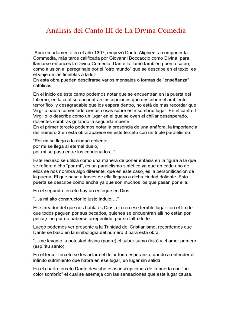Análisis del Canto III del Infierno | PDF | Divina Comedia | Dante ...